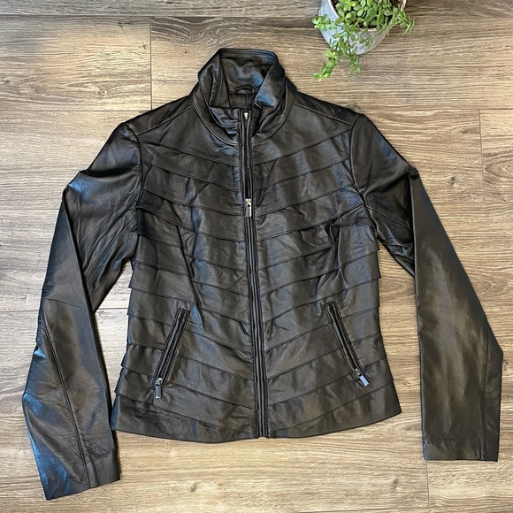 Neiman Marcus | Jackets & Coats | Neiman Marcus Black Tiered Leather ...